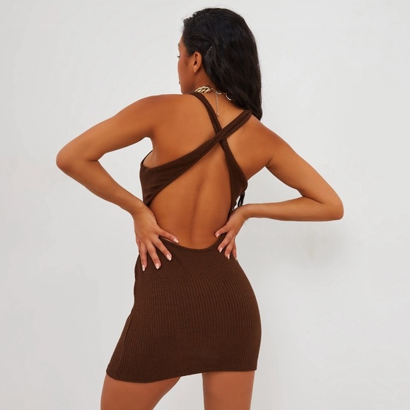 EGO | Dresses | Ego High Neck Cross Back Detail Mini Bodycon Dress In Brown Ribbed Knit | Poshmark